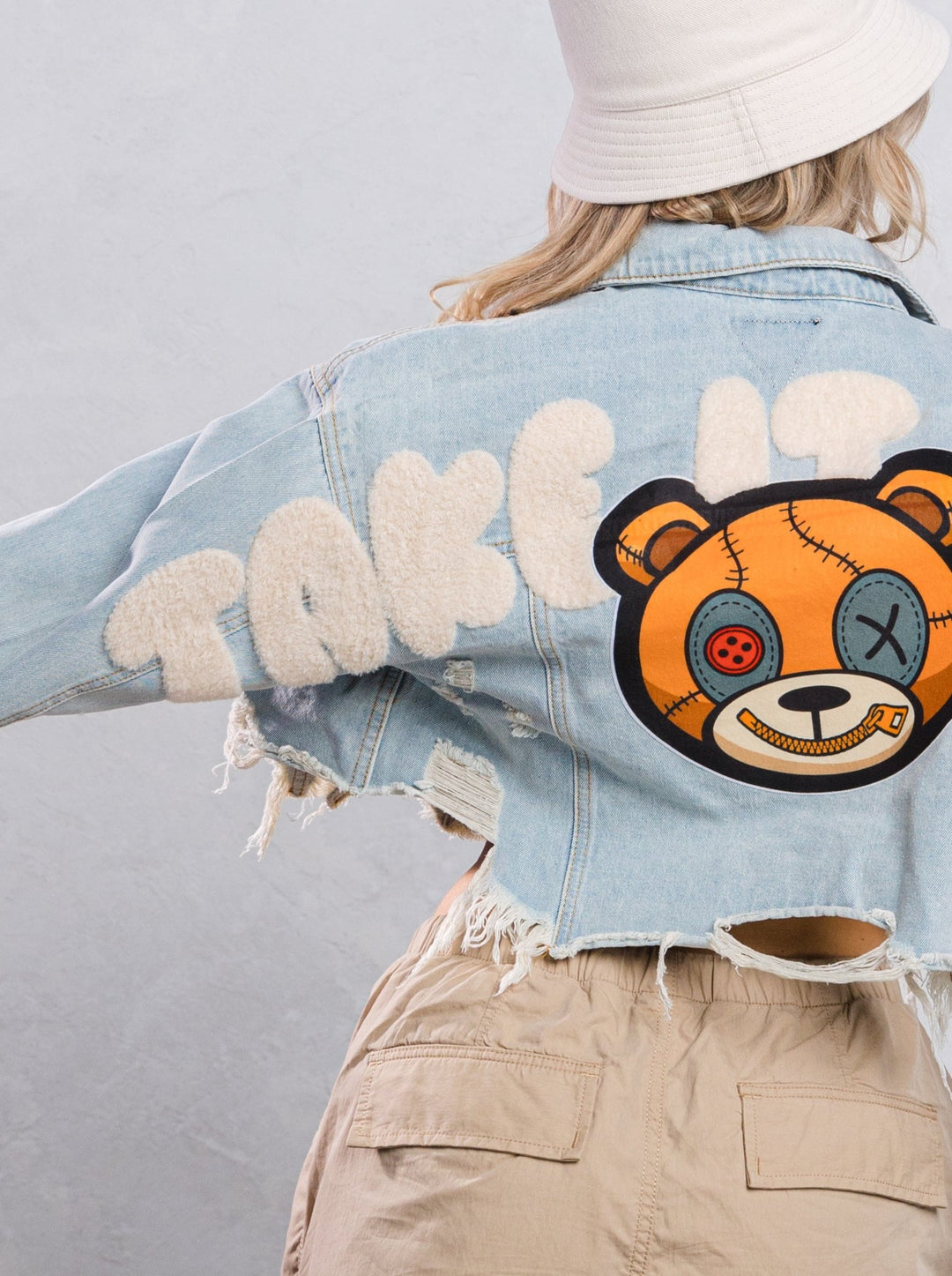 TAKE IT EASY teddy bear Crop Denim Jacket – Trio Urban Retail